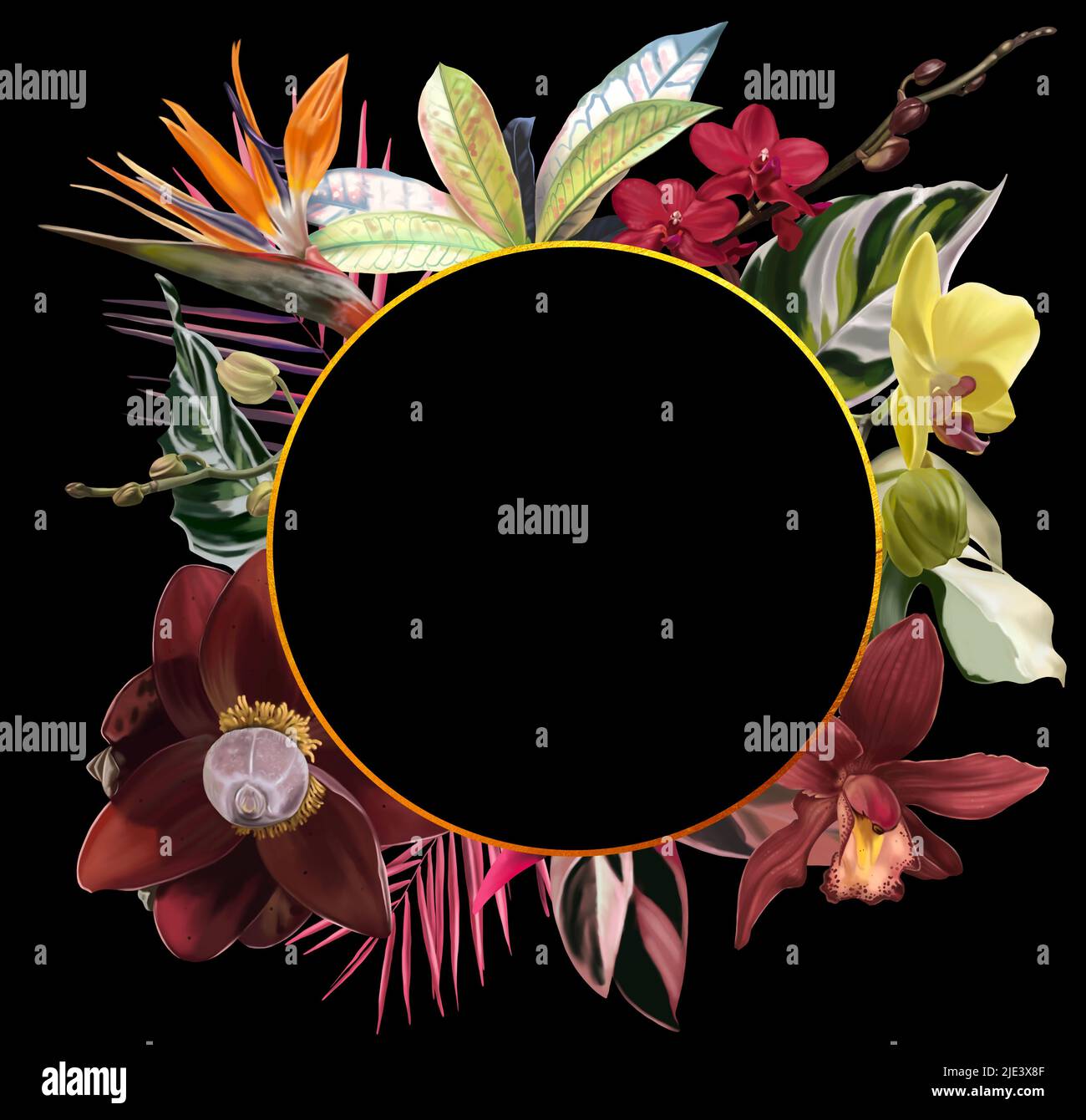 Bright tropical frame. Realistic illustration of tropical flowers: strelitzia, orchids ...