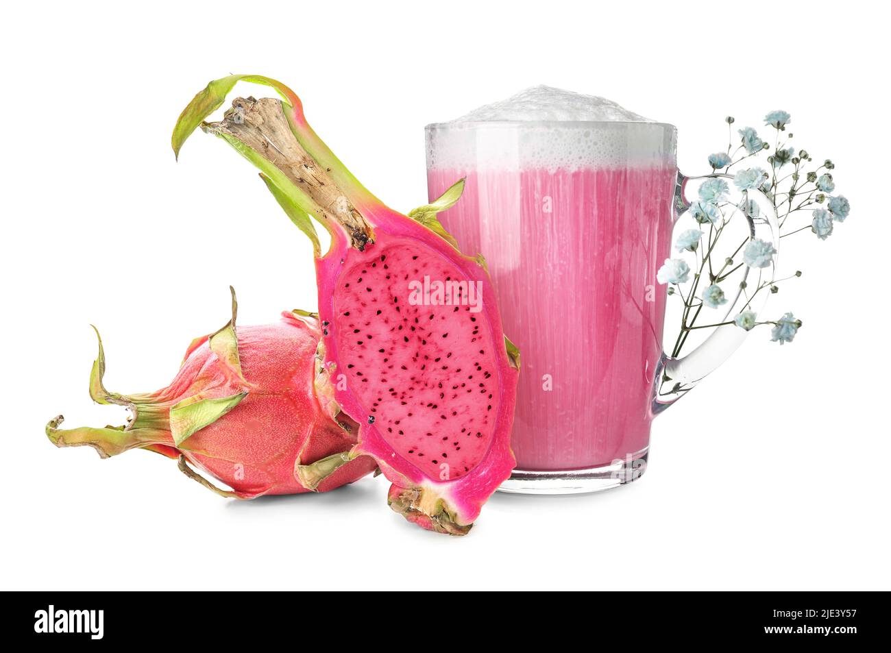 Glass cup of pink matcha latte on white background Stock Photo - Alamy