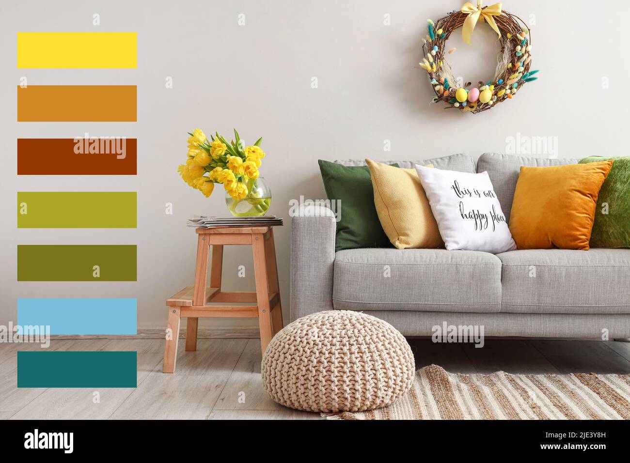 Comfortable sofa in room Easter decor. Different color patterns Stock ...