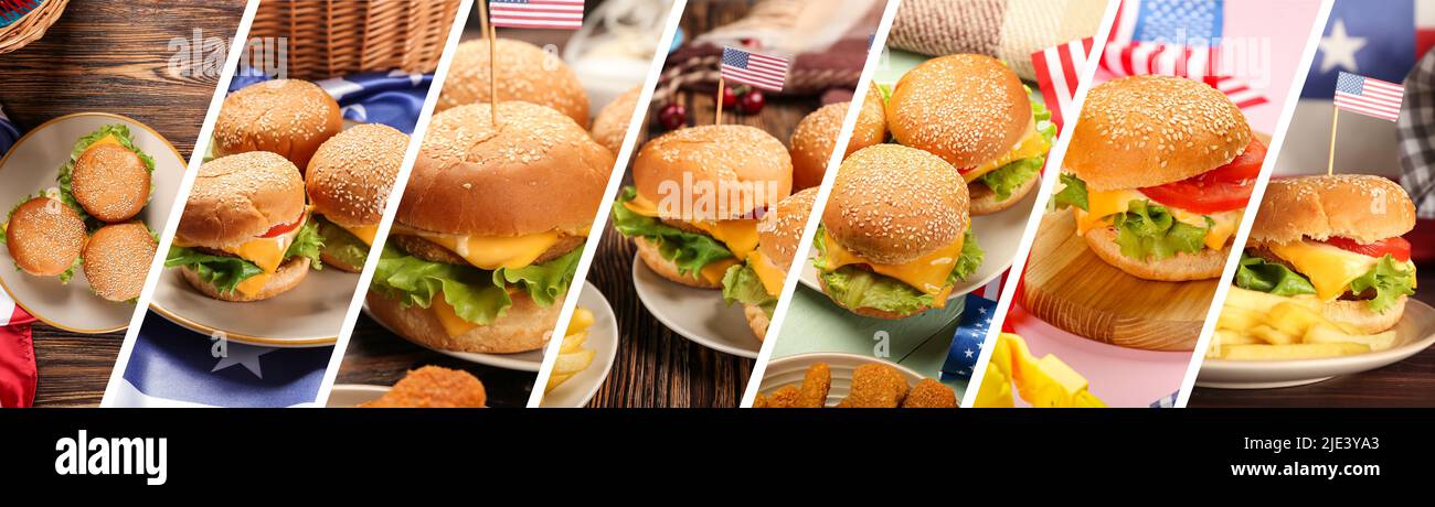 Set of traditional American burgers on table Stock Photo - Alamy