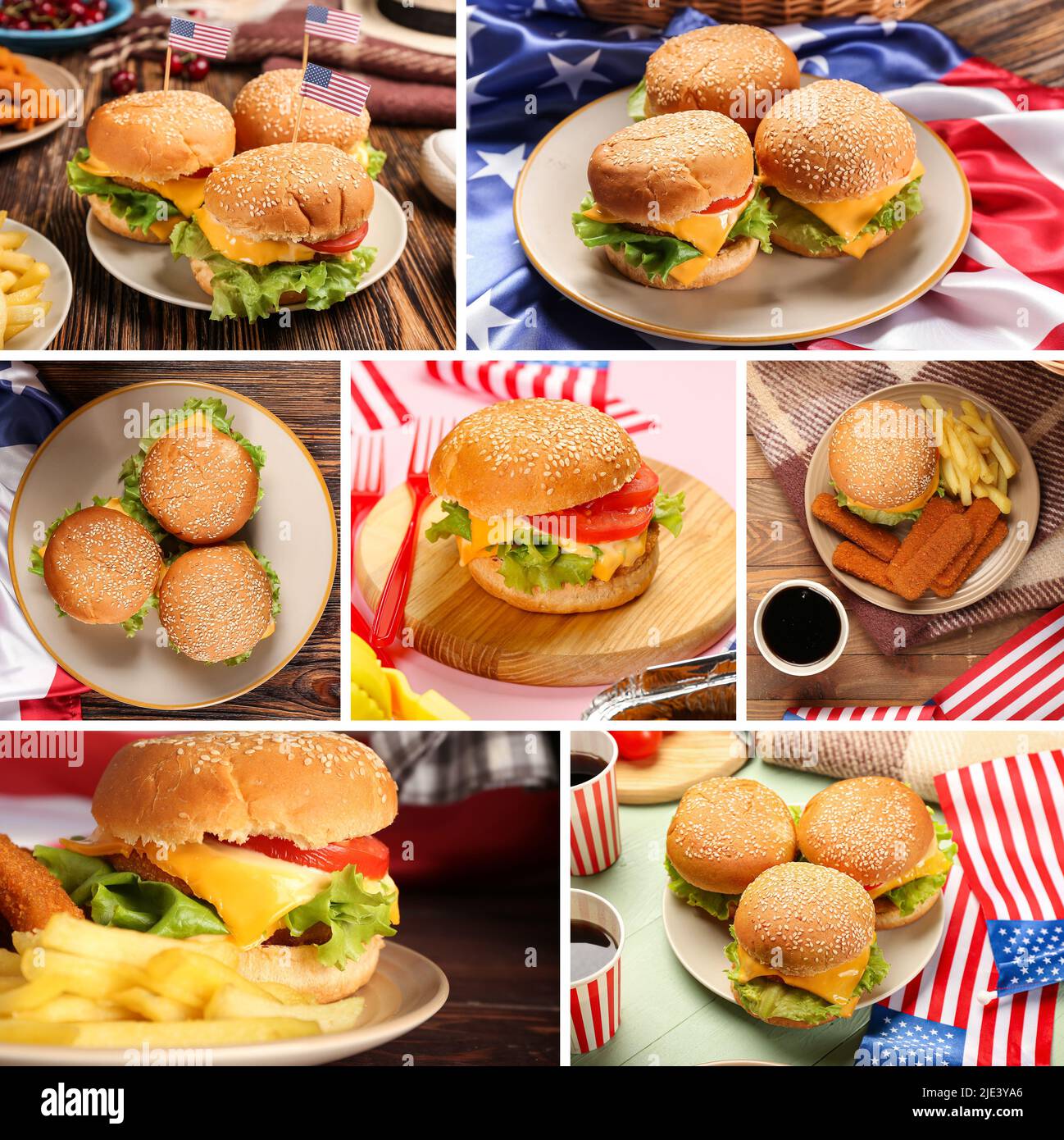Set of traditional American burgers on table Stock Photo - Alamy