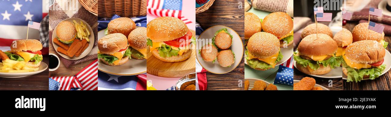 Set of traditional American burgers on table Stock Photo - Alamy