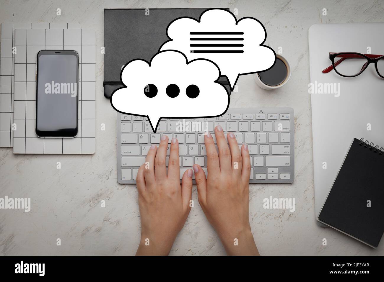 Woman with modern computer chatting online at workplace, top view Stock ...