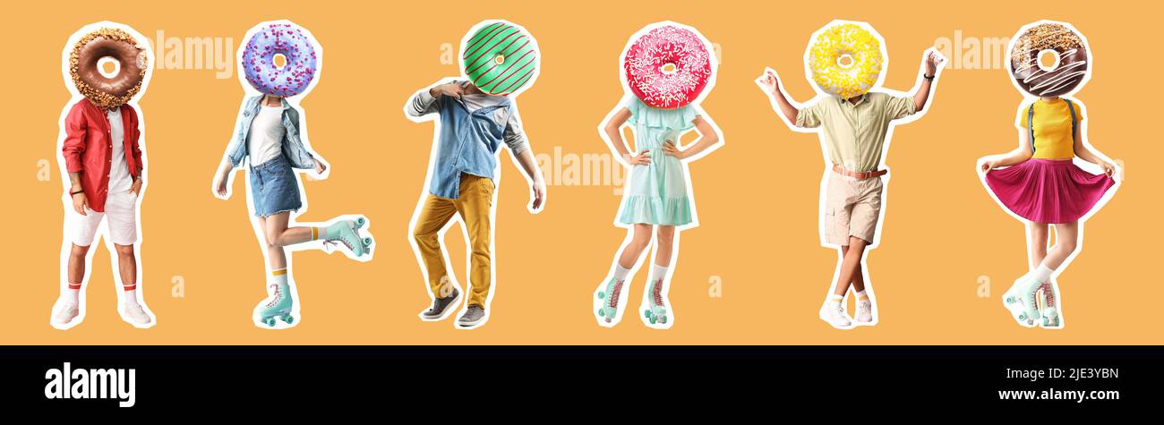 Group of stylish young people with tasty doughnuts instead of their ...