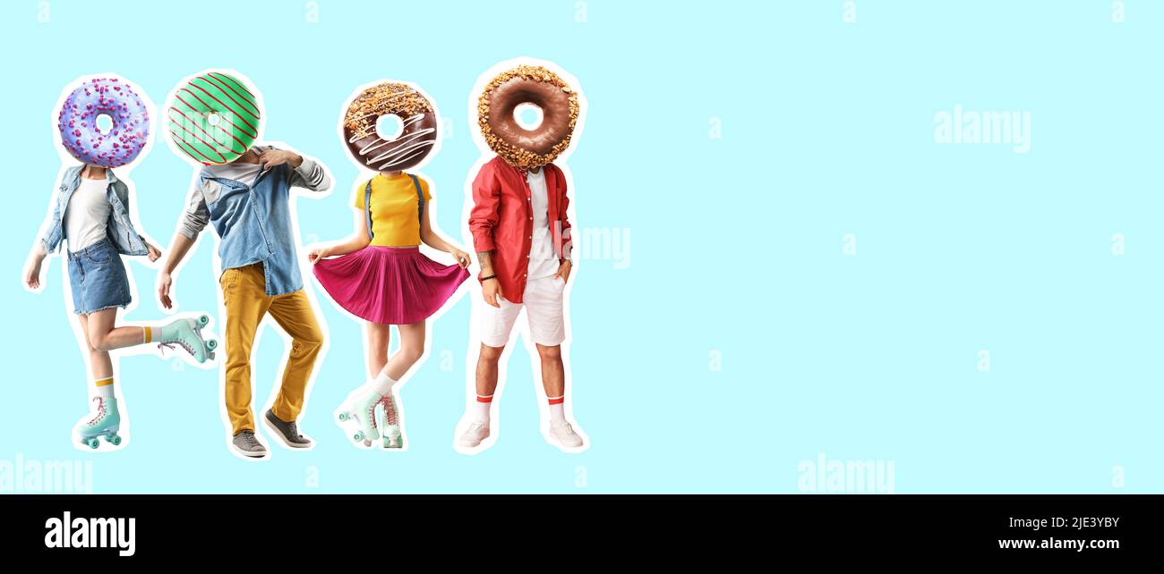 Group of stylish young people with tasty doughnuts instead of their ...