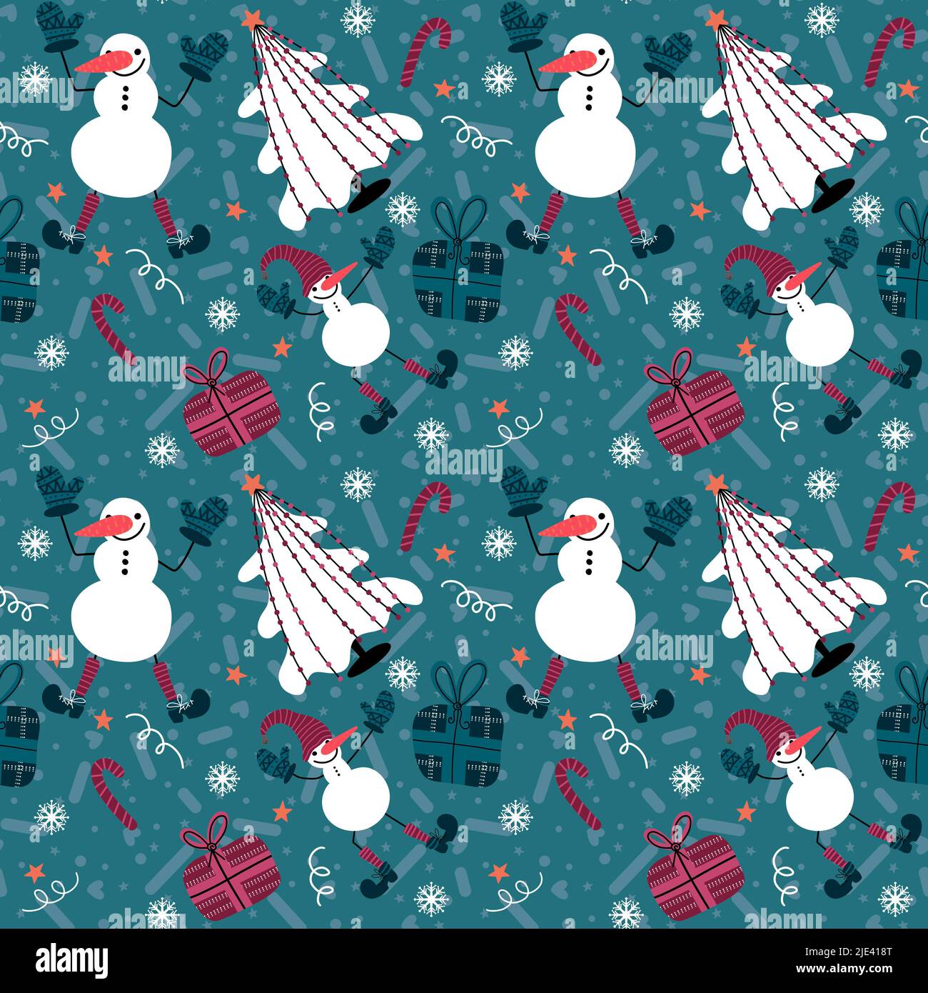 Winter seamless snowman and snowflakes and Christmas tree pattern for ...