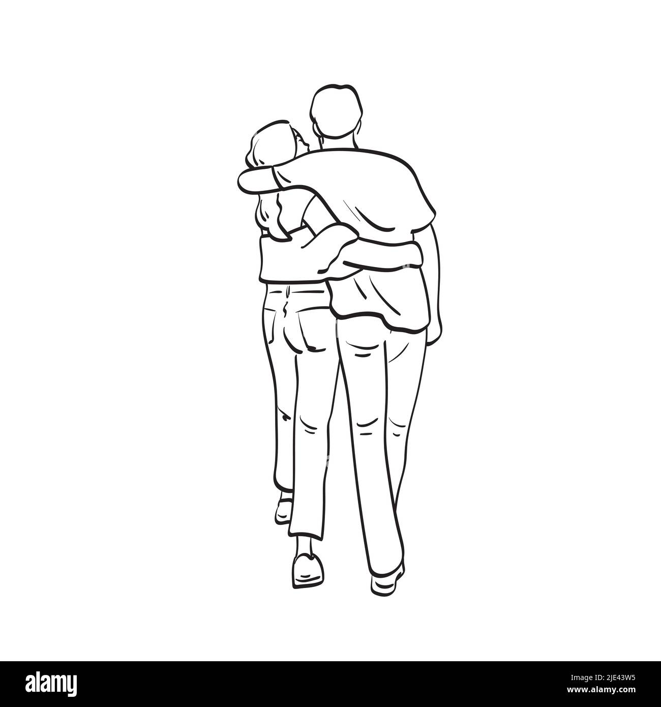 line art full length rear view of couple walking illustration vector ...