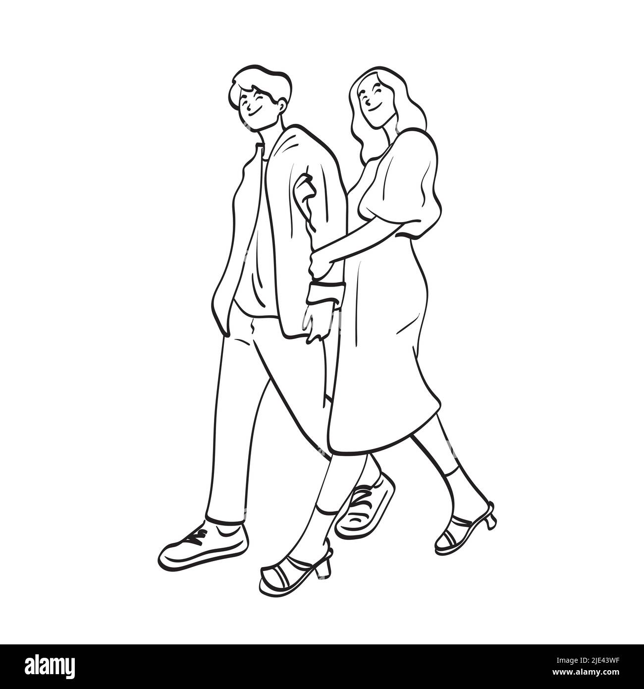 line art smiling couple arm in arm walking together illustration vector ...