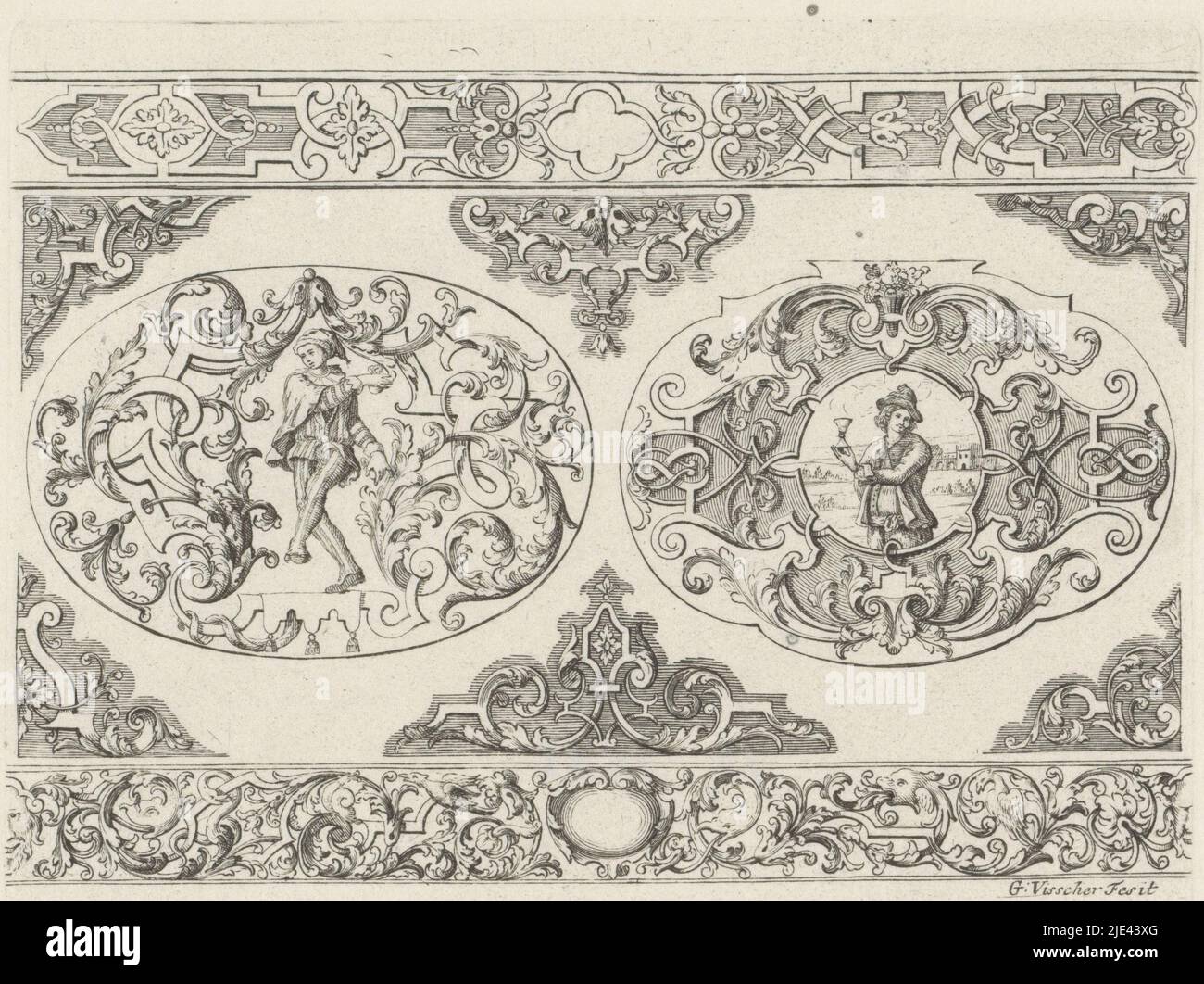 Dancing jester and man with glass in ornaments, Gerrit Visscher, 1690 ...