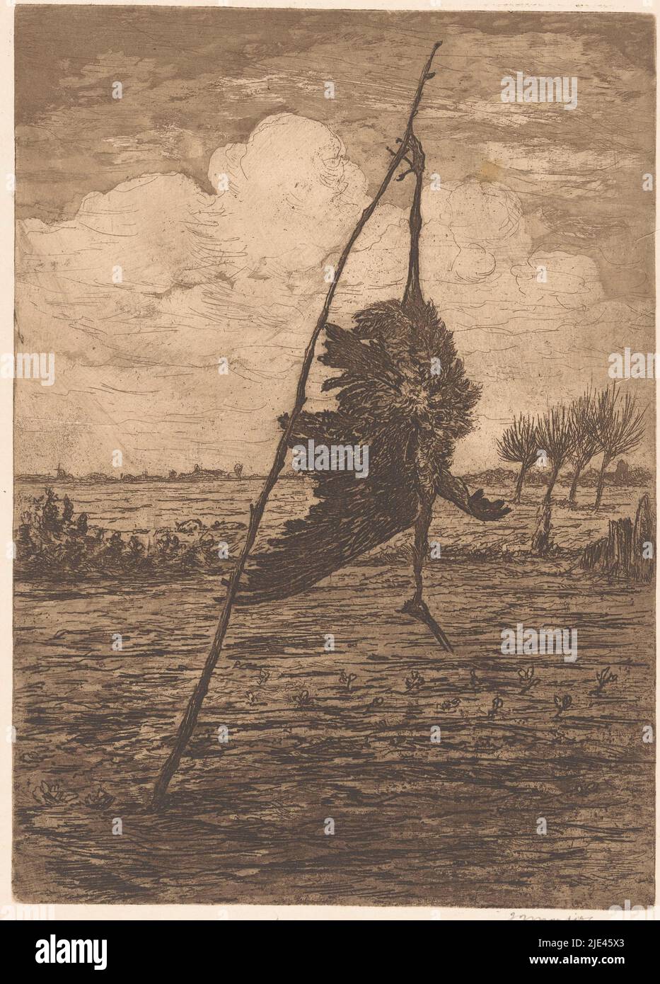 Dead bird as scarecrow in a meadow, Jan Willem Nortier, 1874 - 1914 ...