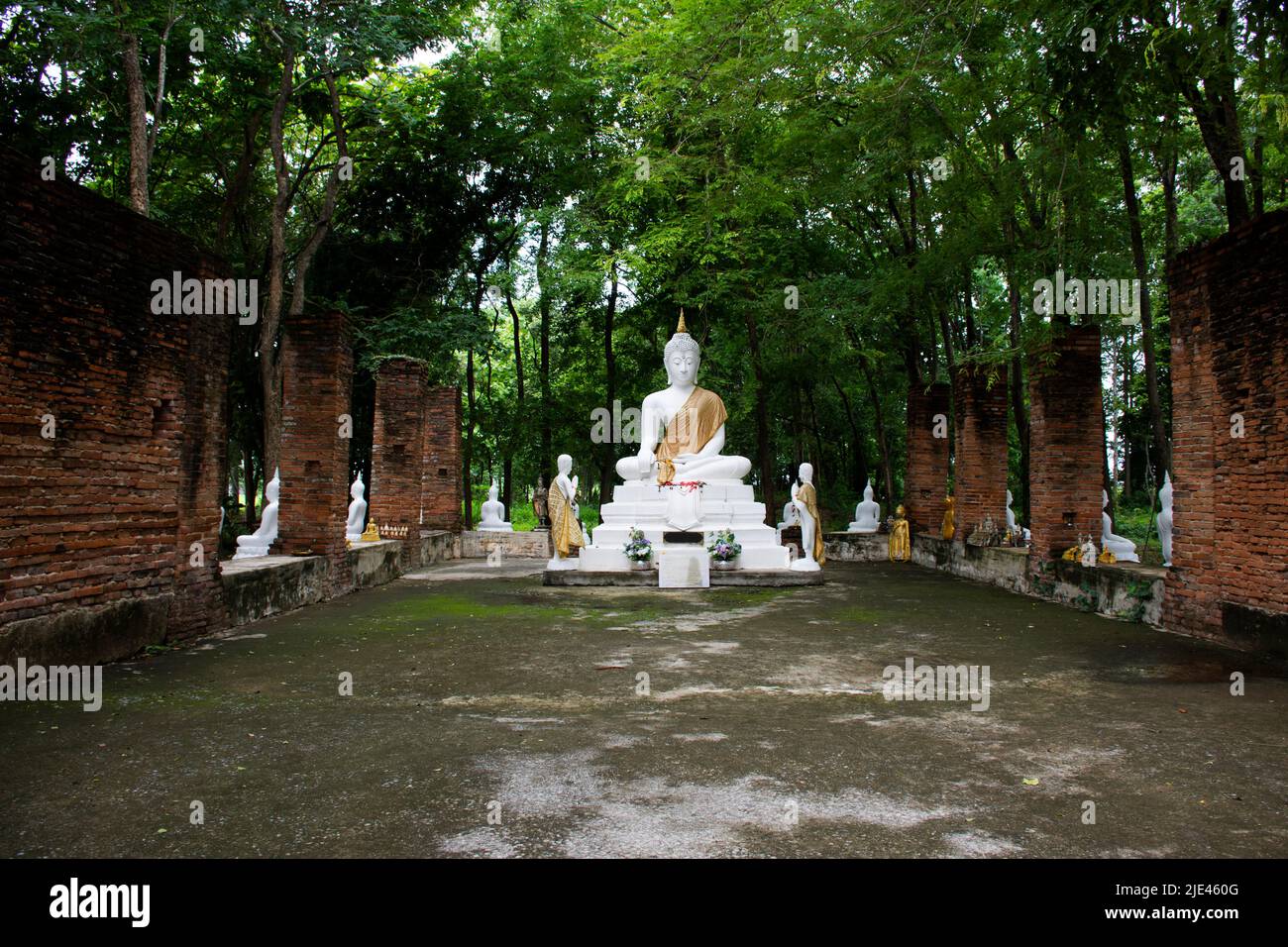 Ancient antique white buddha statue in antique ruin ubosot for thai ...