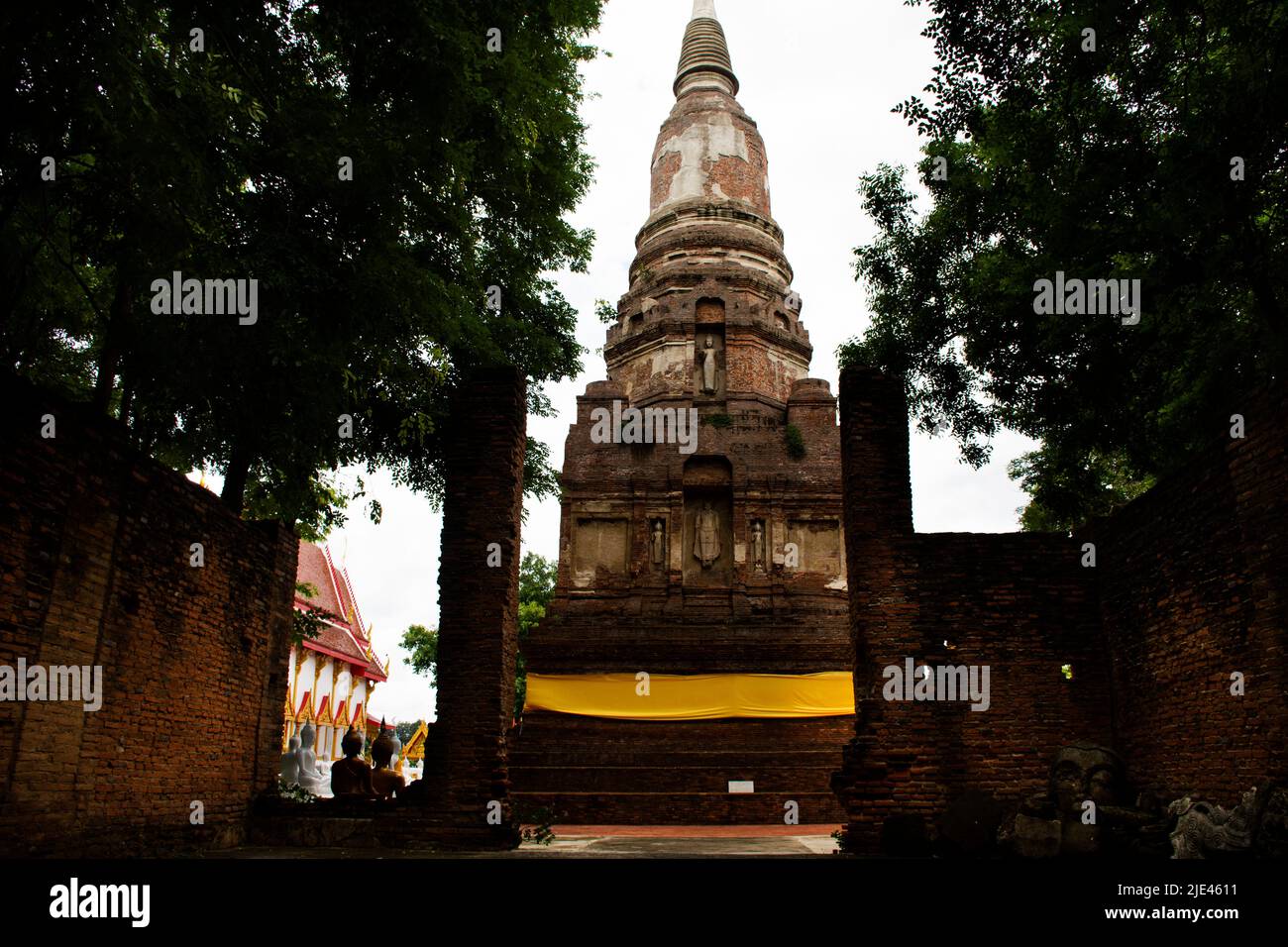 Ancient stupa or antique chedi and ruins buddha and ubosot for thai ...