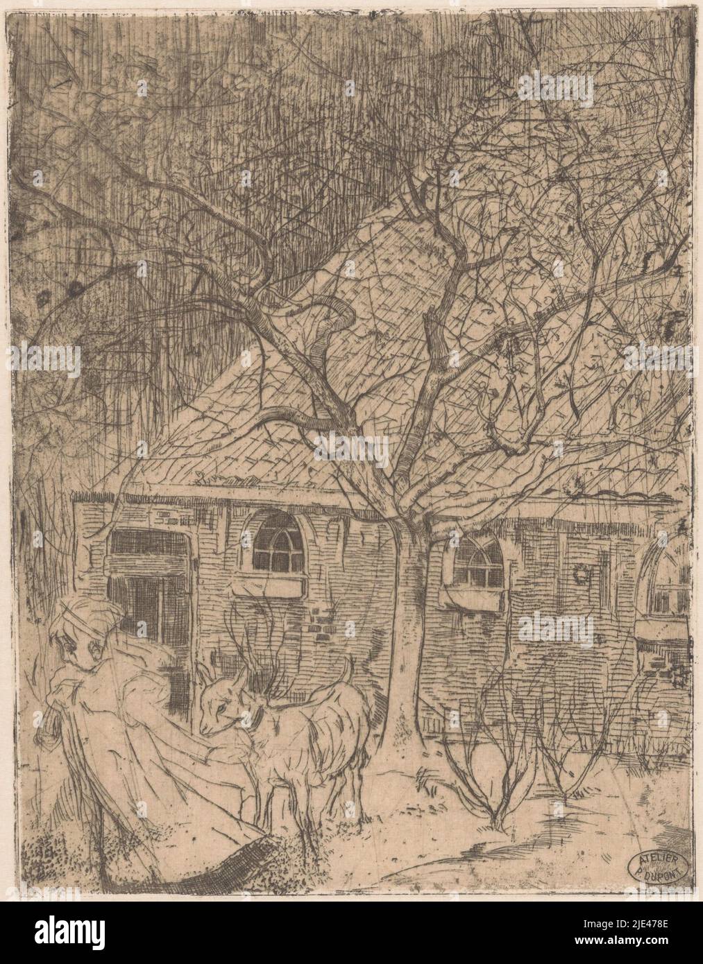 Girl with goat, Pieter Dupont, 1895, In the background trees and a farm ...
