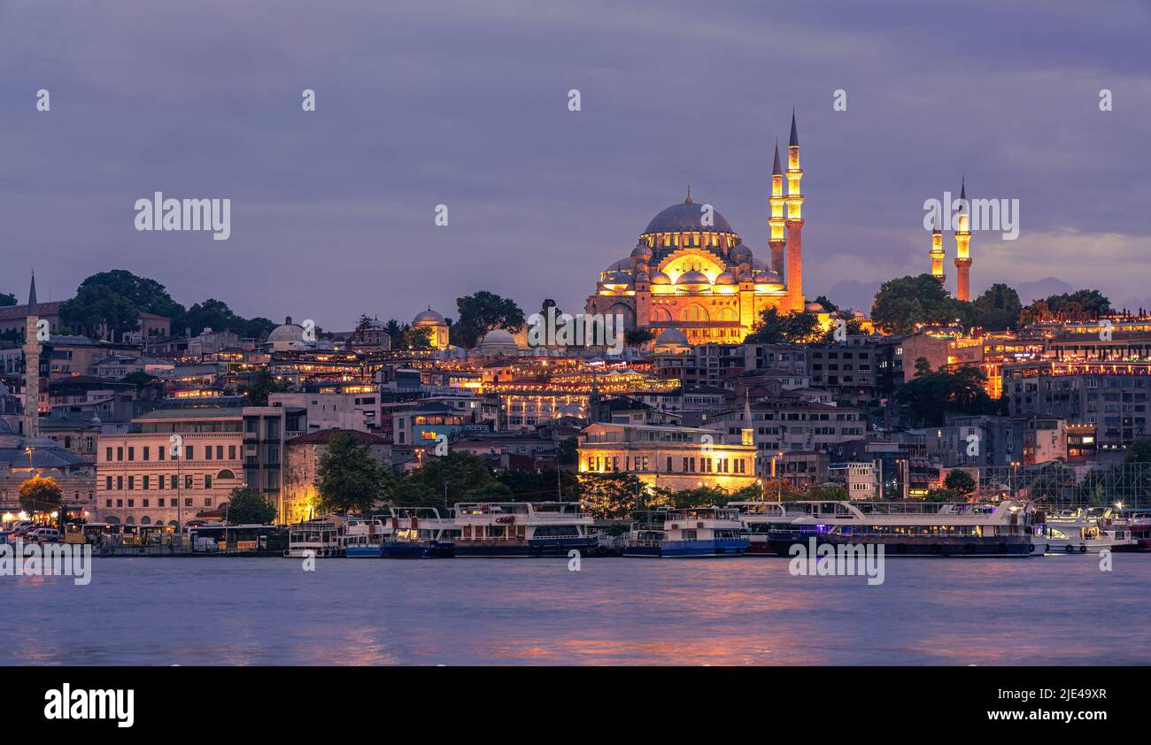 Suleymaniye Mosque with night illumination and minaret of Rustem Pasha ...