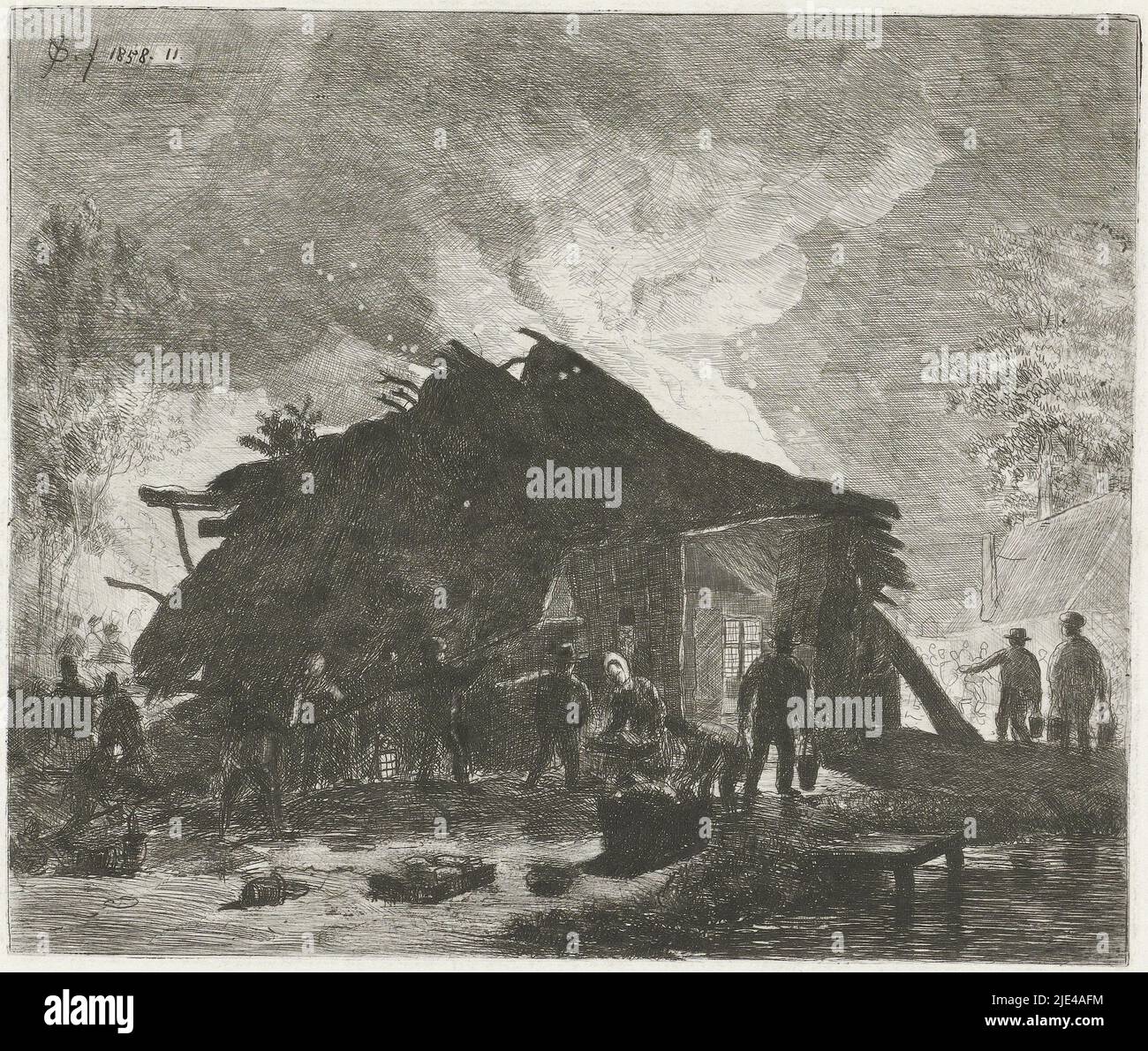 Barn in a landscape, Cornelis van der Griendt, 1858, Burning barn in a ...