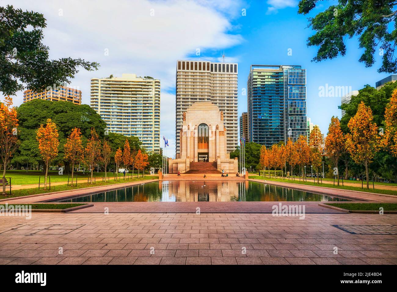 Central Hyde park in Sydney city CBD during autumn leaves fall season ...