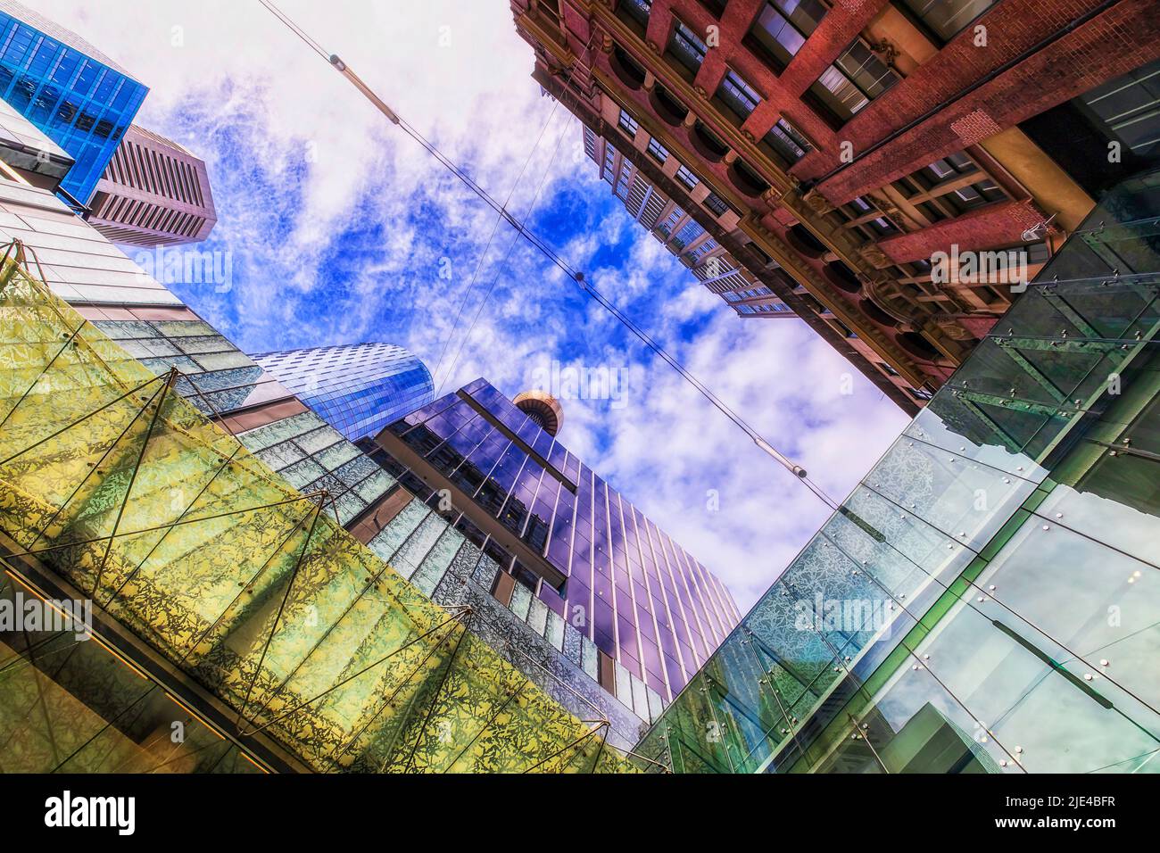 Sydney city CBD high-rise towers from street level up to blue sky ...