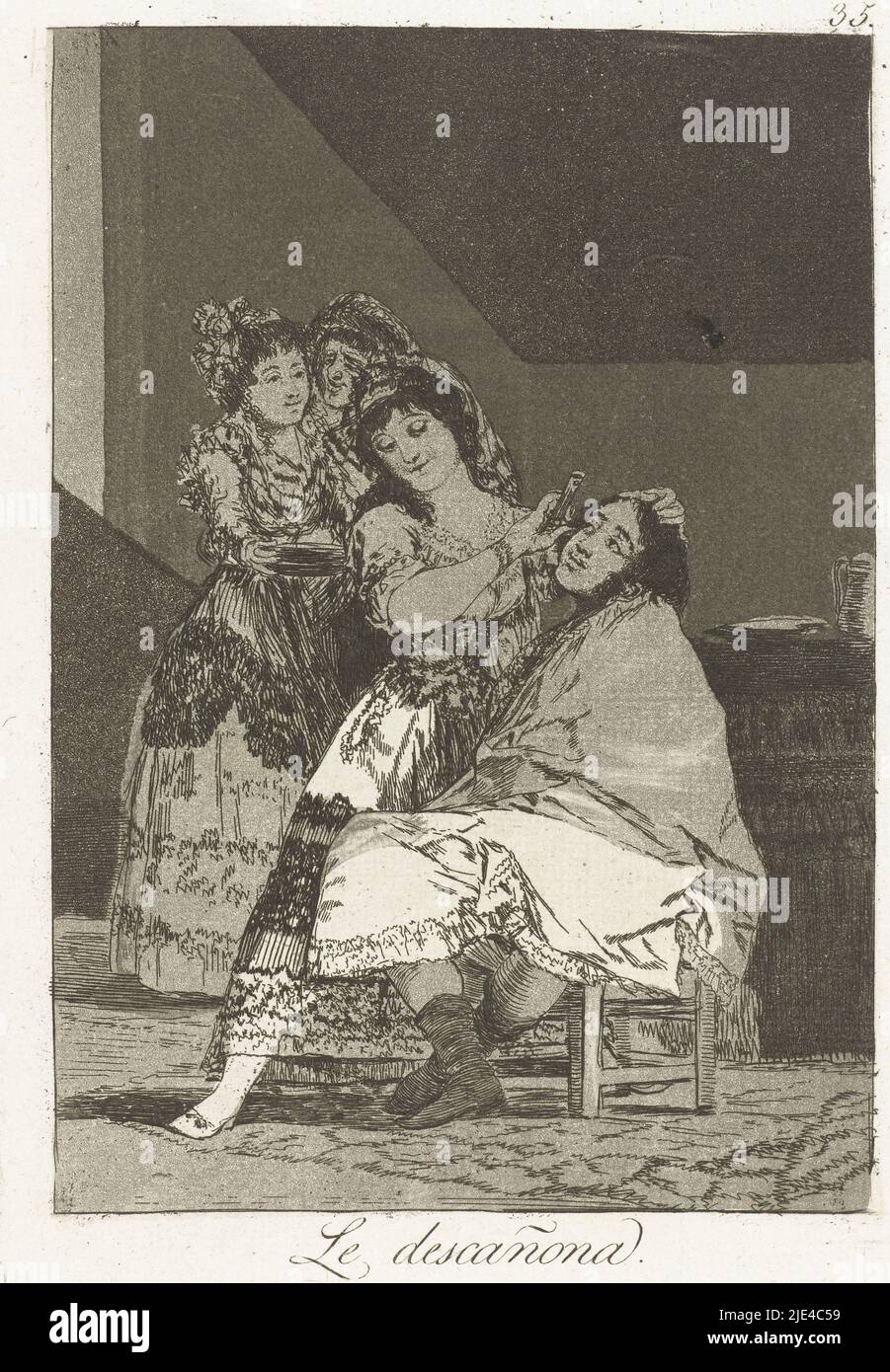 She Shaves Him, Francisco de Goya, 1797 - 1799, A man, seated in a ...