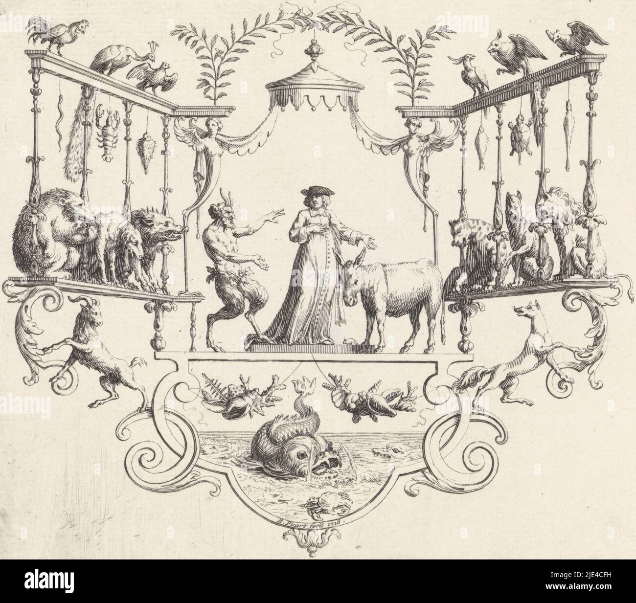 Satyr, scholar and a donkey, Bernard Picart, 1718, Under a canopy are a ...