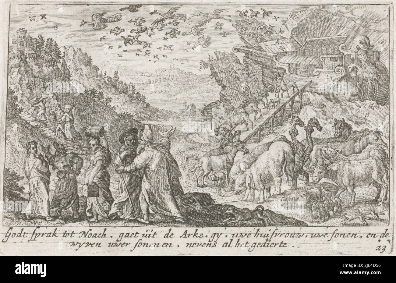 Noah leads his family and the animals out of the ark, Crispijn van de ...