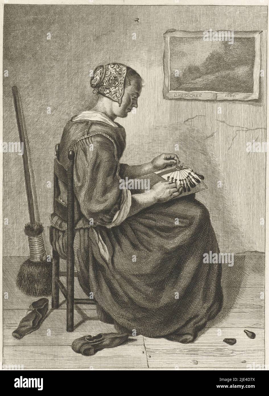 Lace maker, Pieter de Mare, after Caspar Netscher, 1768 - 1796, print ...