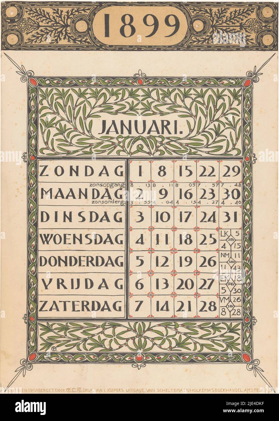 Calendar sheet for January 1899, Gerrit Willem Dijsselhof, 1898, A ...