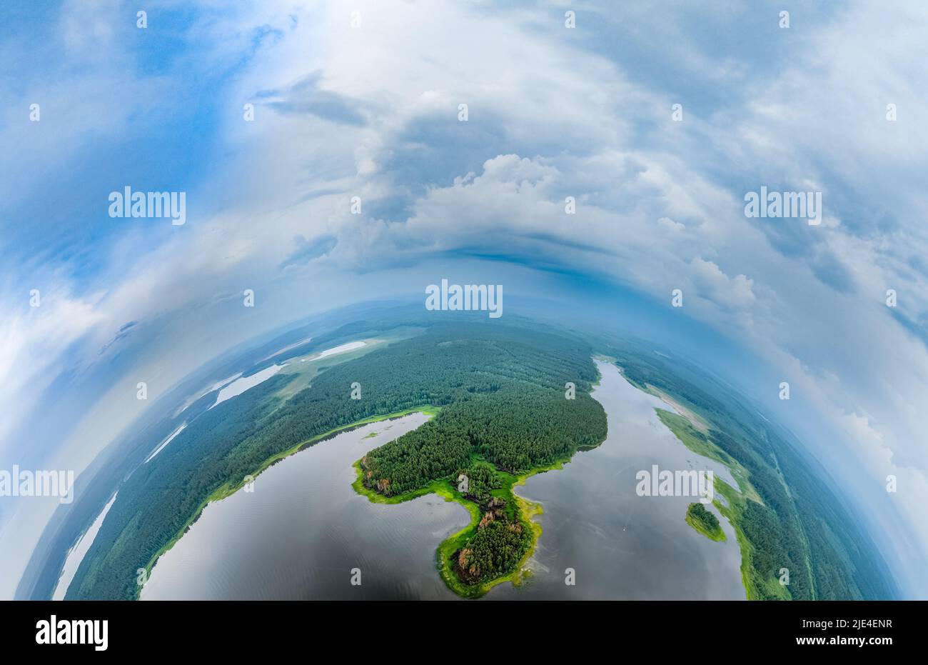 Big lake system in bright sun light, aerial landscape. Recreation ...