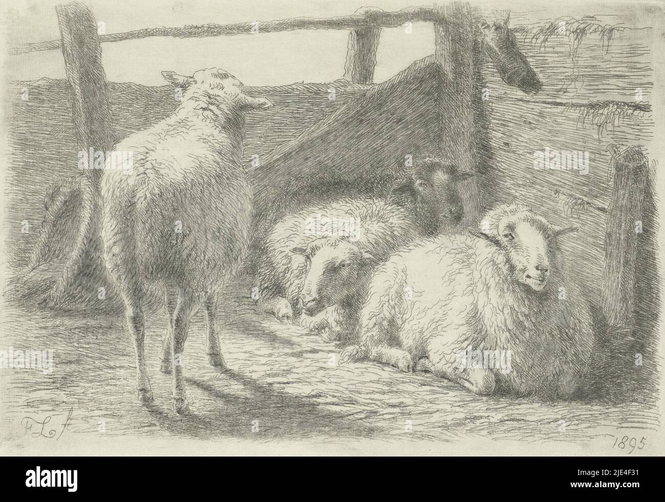 Four sheep, Frans Lebret, 1895, Four sheep inside a fence. One sheep ...