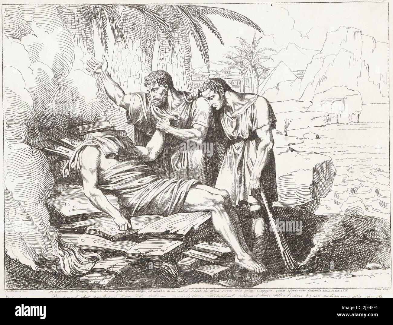 Pompey's body cremated, Bartolomeo Pinelli, 1819, Two of Pompey's loyal ...