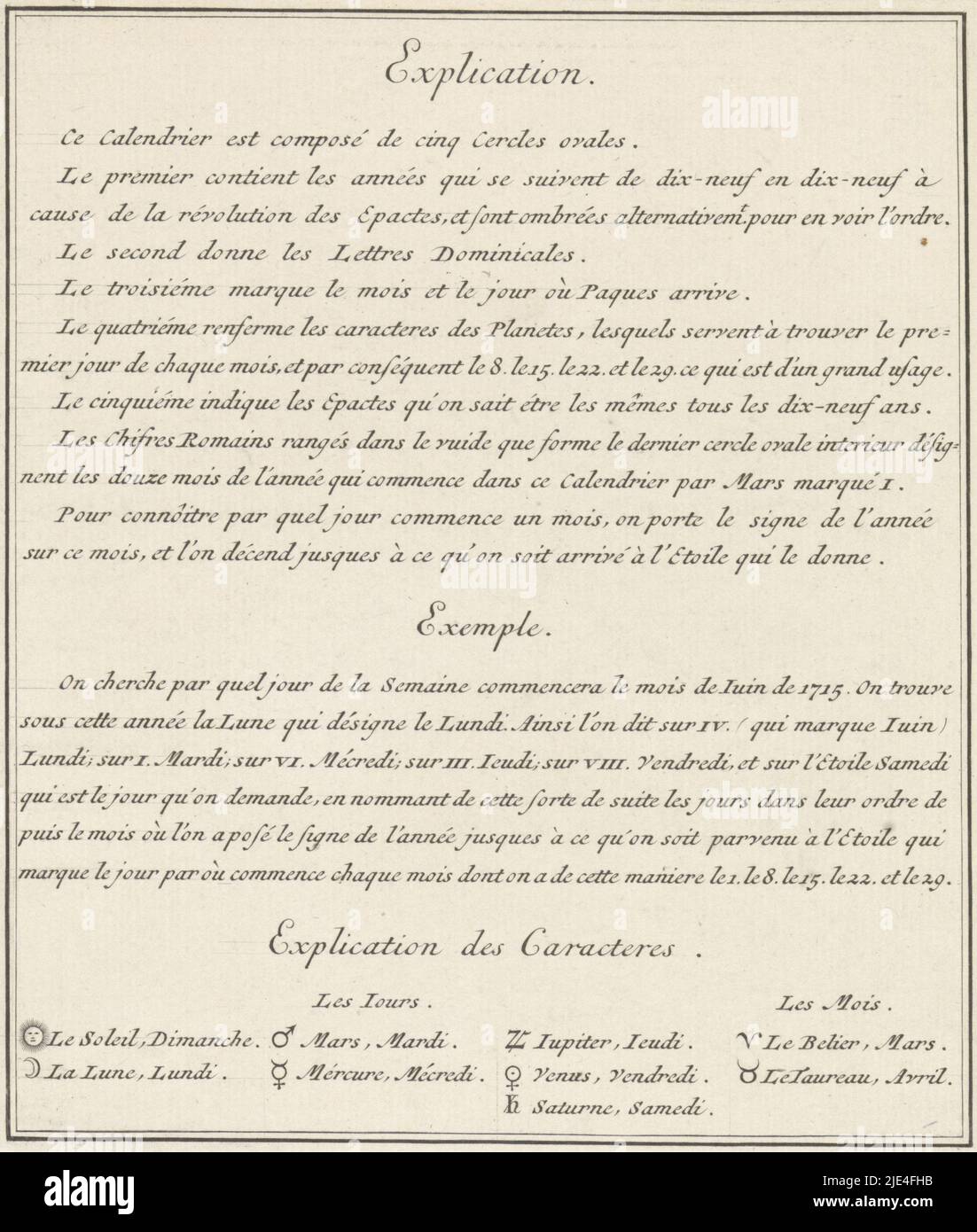 Explanation of calendar, Bernard Picart, 1714, Text in French ...