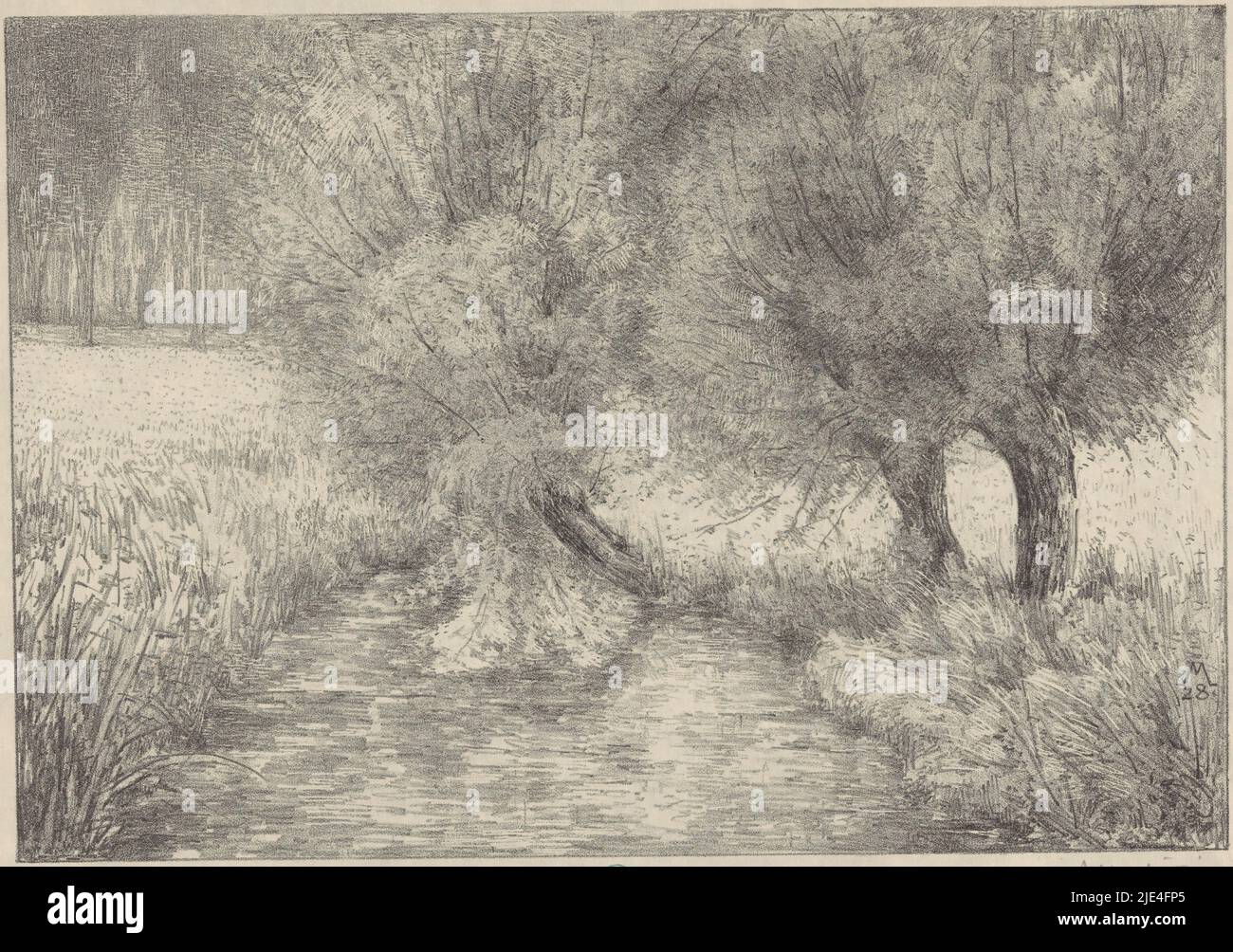 Pollard willows on ditch side, Simon Moulijn, 1928, print maker: Simon ...