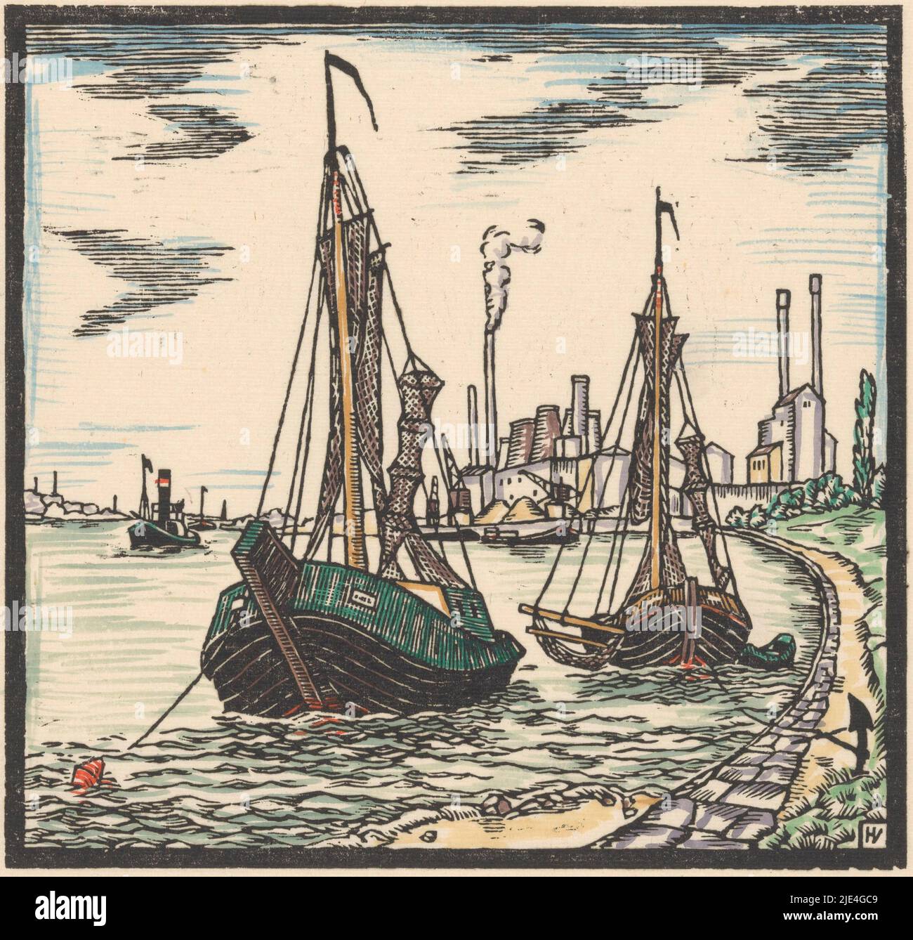 Moored fishing boats, Henriëtte van Hove, 1871 - 1918, On the right the ...