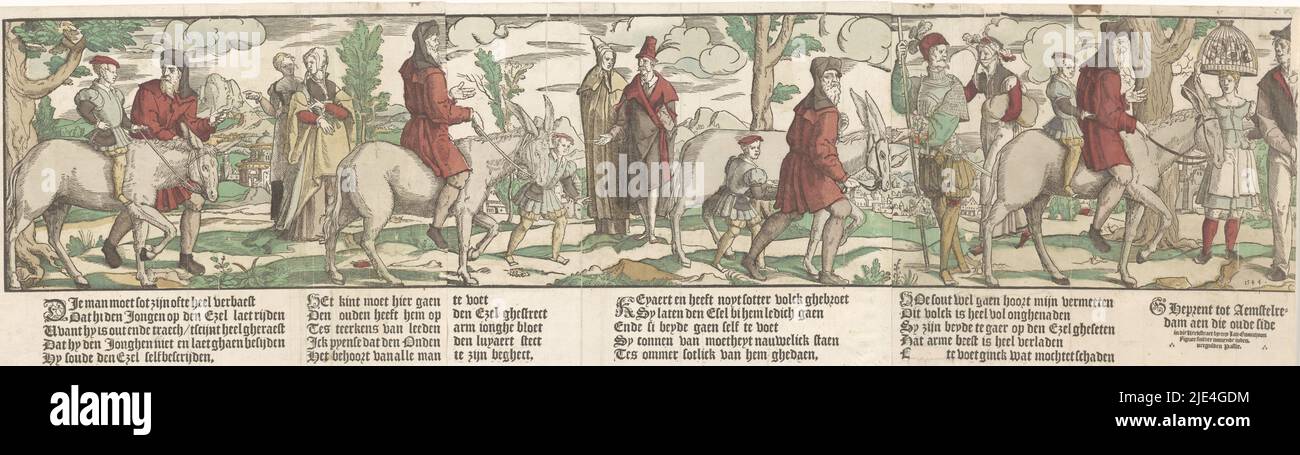 Fable of the father, the son and the donkey (three of the four blocks ...