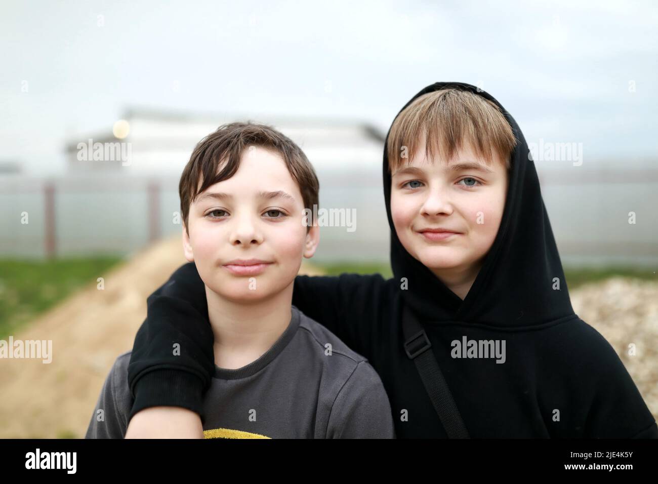Portrait of two hugging brothers in backyard Stock Photo - Alamy