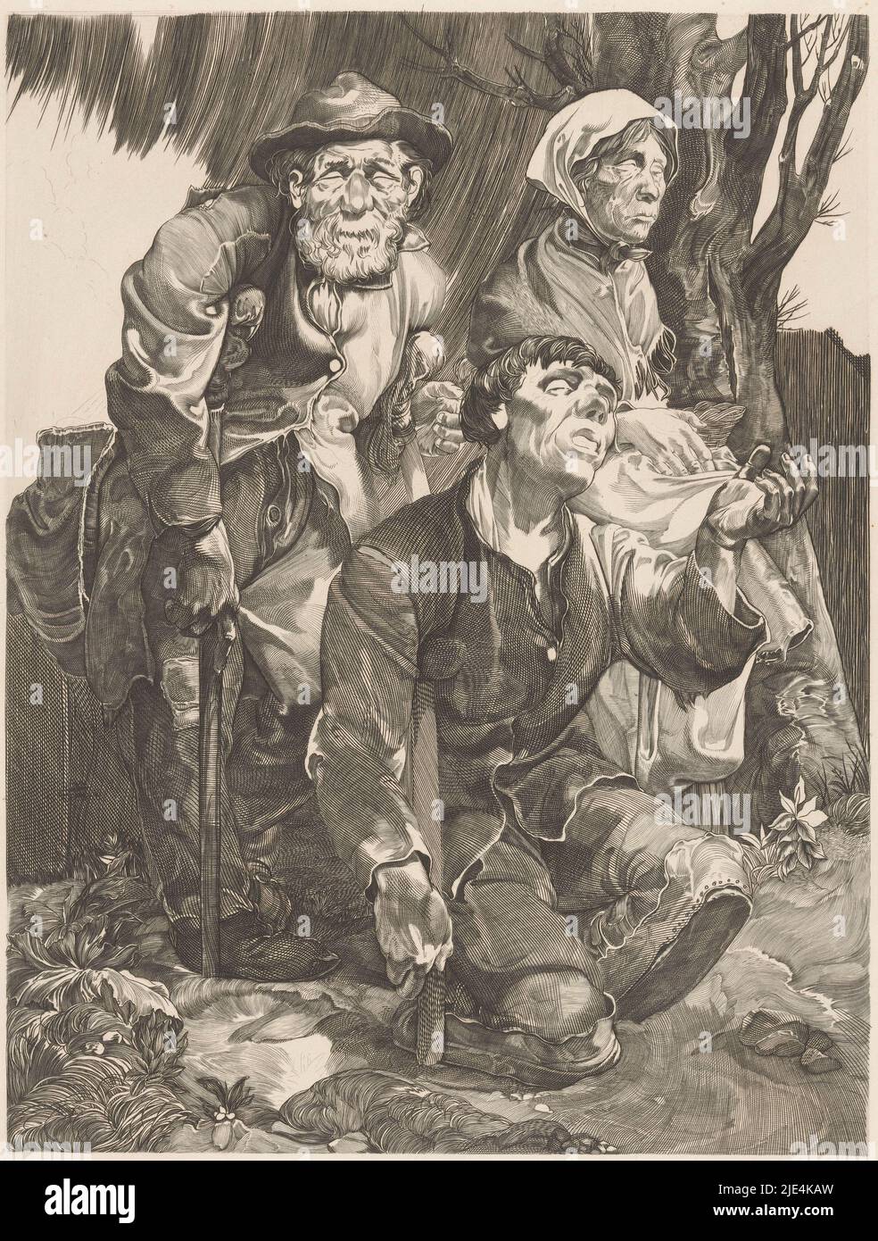 Three beggars by a tree, Johannes Josephus Aarts, 1881 - 1934, Two men ...