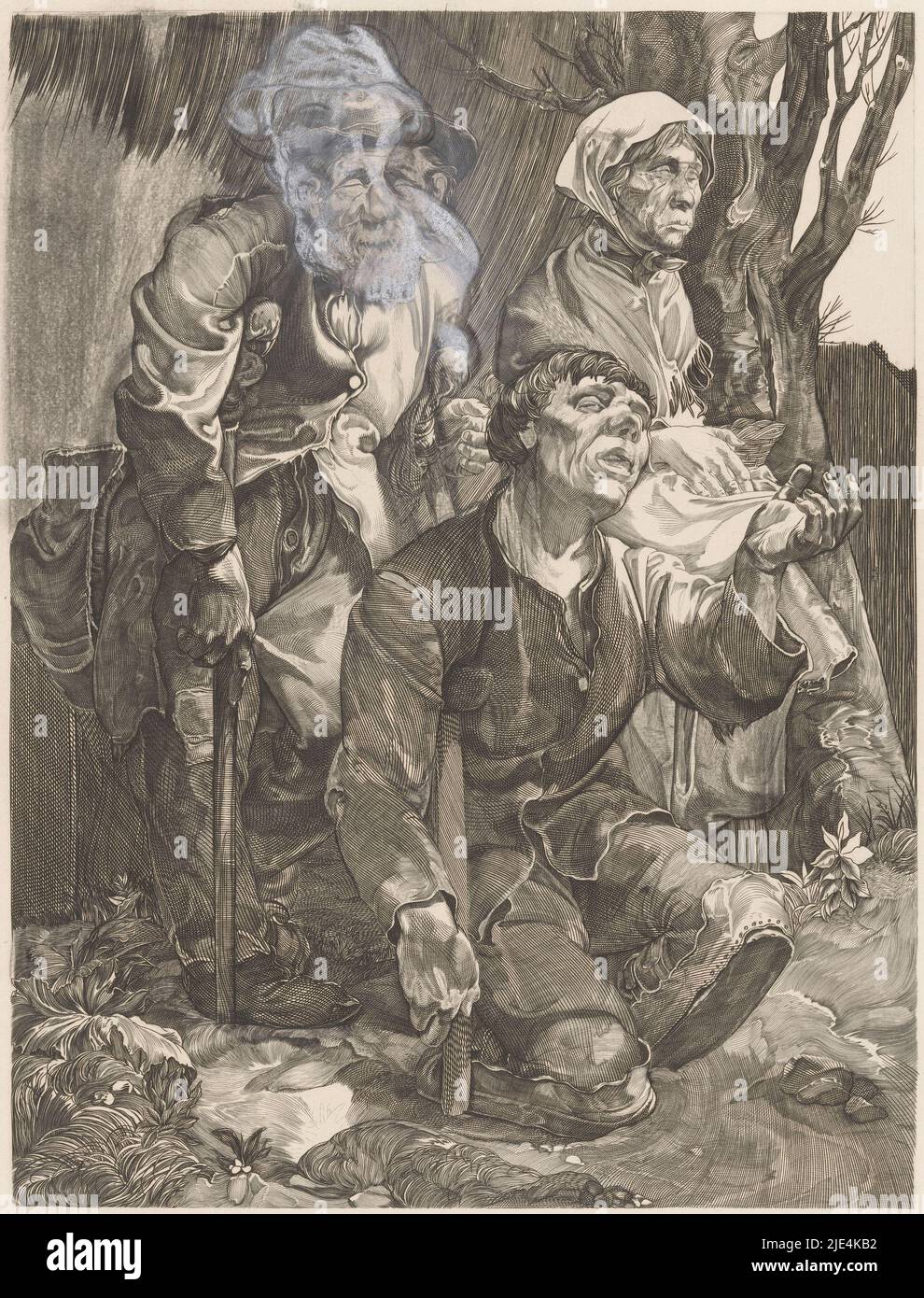 Three beggars by a tree, Johannes Josephus Aarts, 1881 - 1934, Two men ...