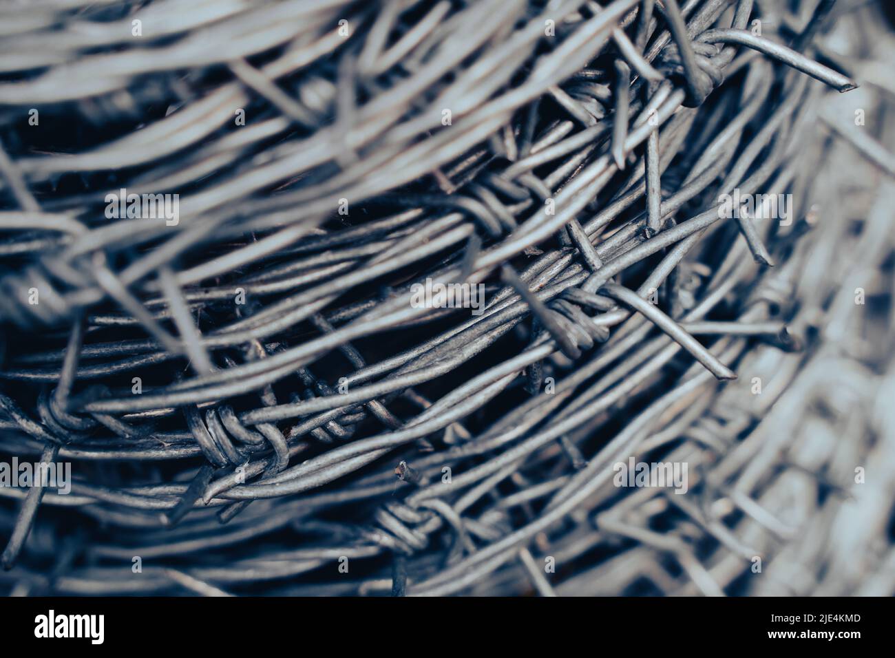 macro closeup of large roll of steel barbed wire used for fence ...