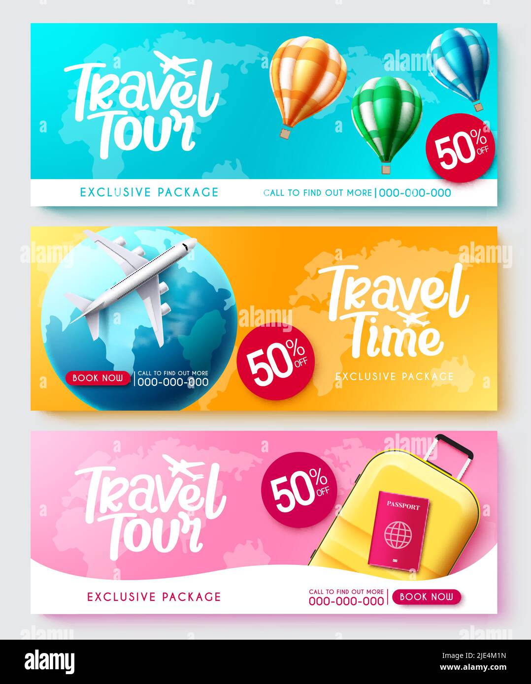 Travel promo vector poster set design. Travel tour sale text collection ...