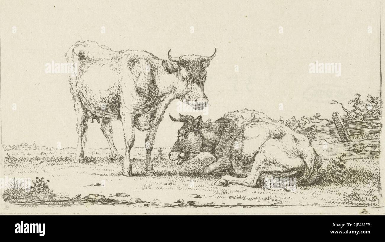 Cows in a Landscape, Jan Kobell (II), 1788 - 1814, A cow lying down and ...