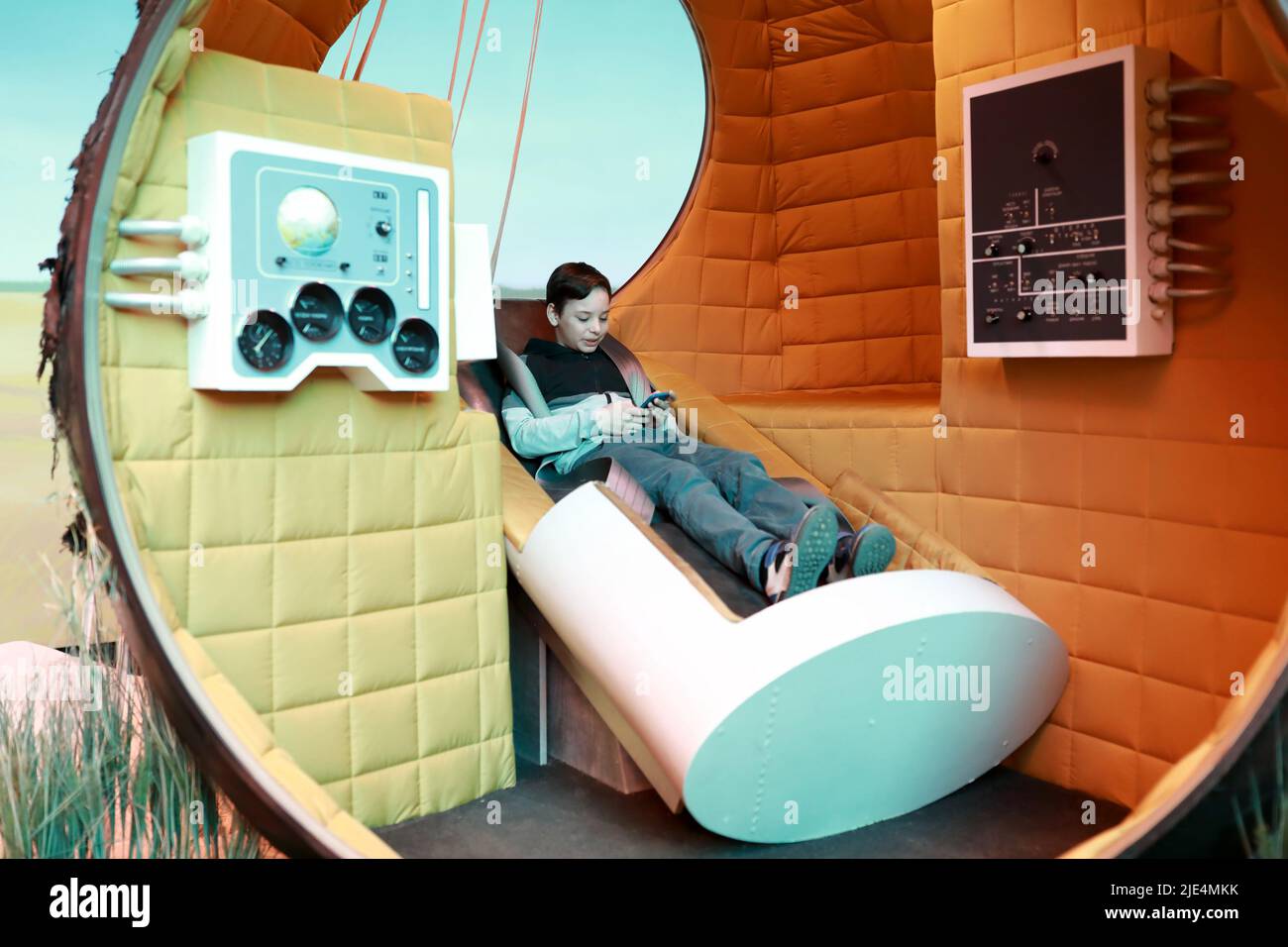 Moscow, Russia. May 2, 2022. Editorial Use Only. Boy sitting in space ...