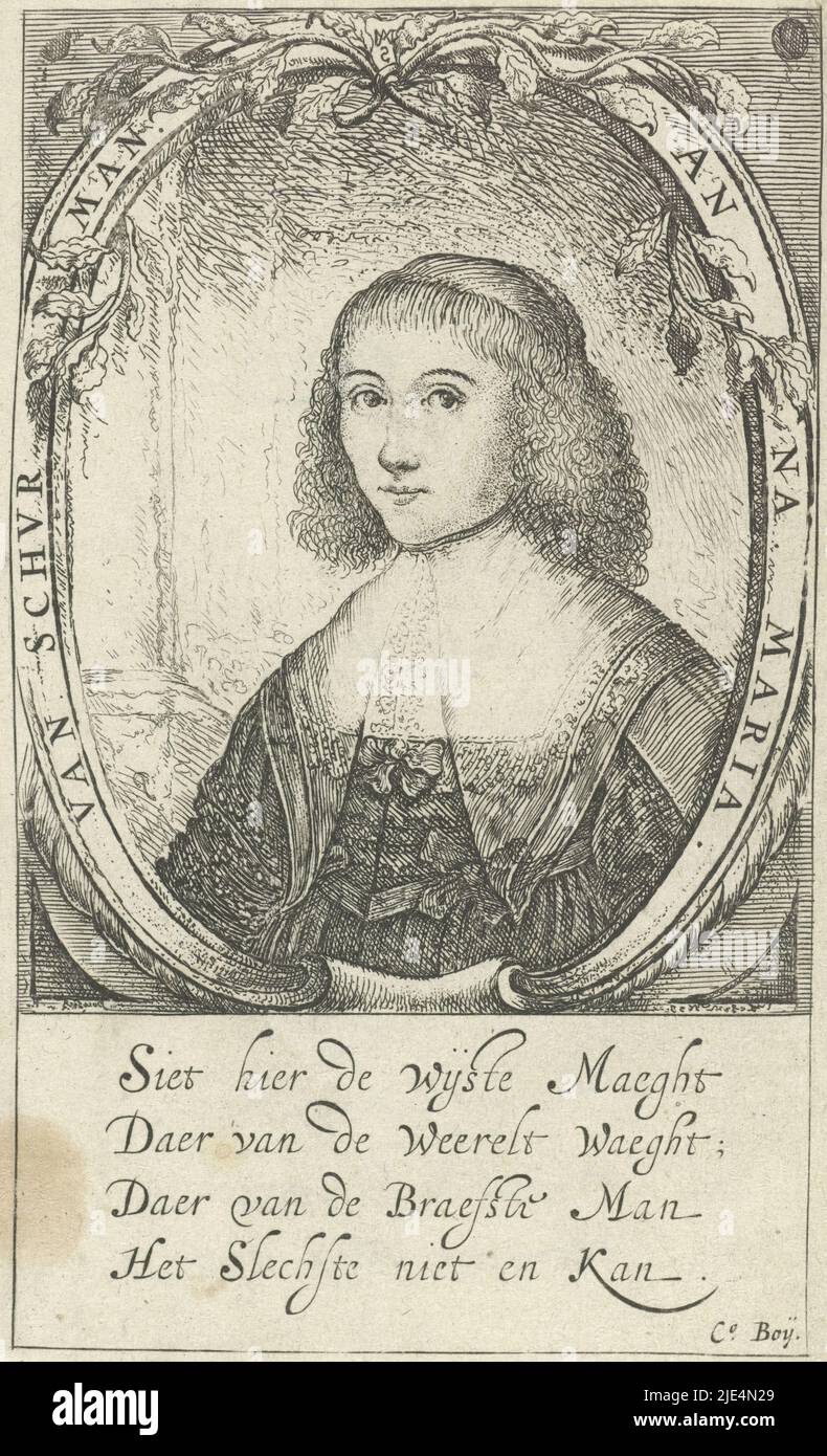 Portrait of Anna Maria van Schurman, scholar, poet and artist. Below ...