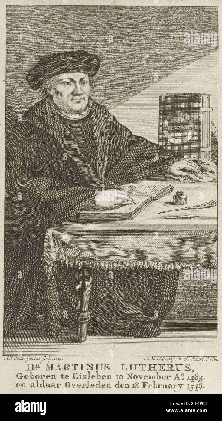 Portrait to the right at the feet of Martin Luther, sitting and writing ...