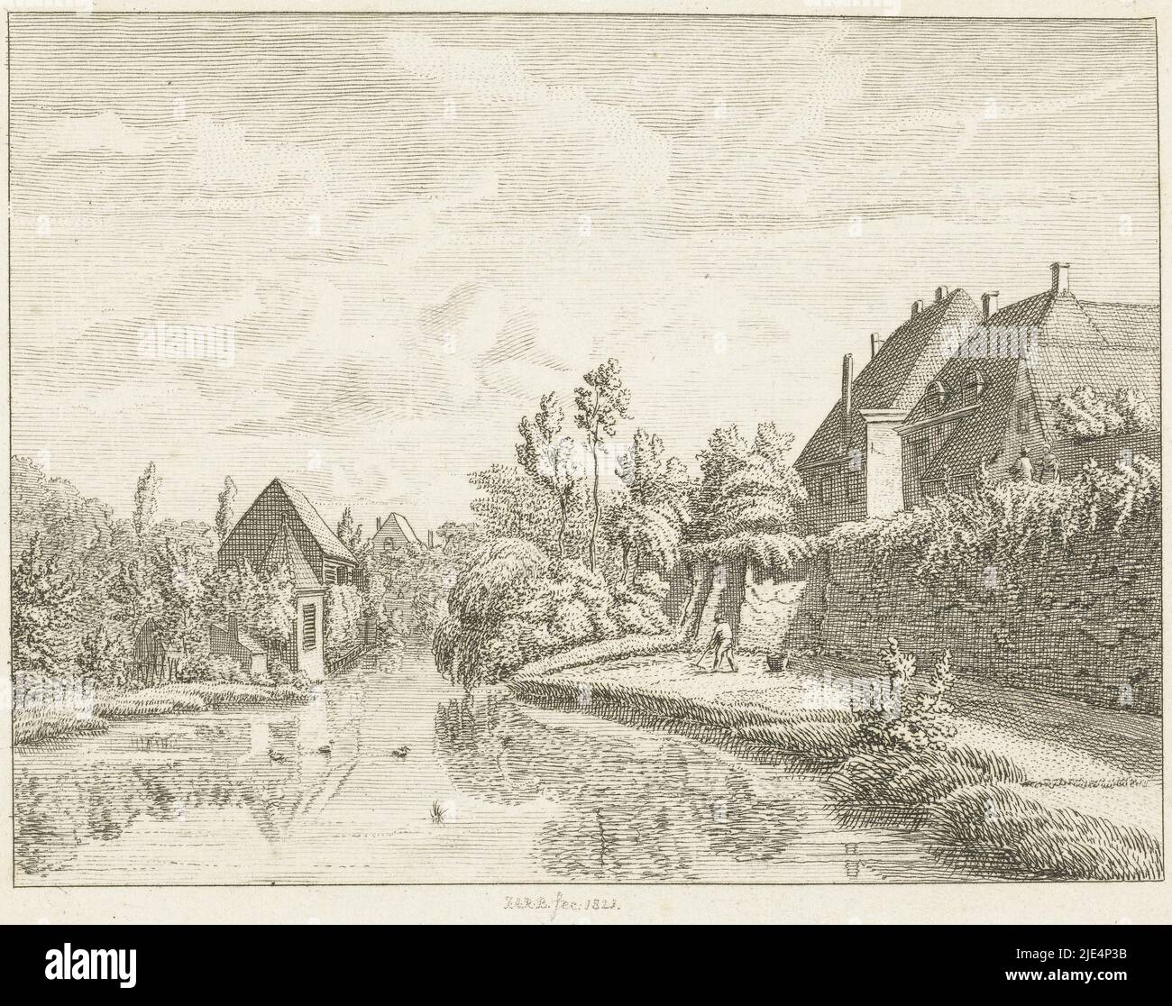 View of moat and outer walls of castle, print maker: Johannes Alexander ...
