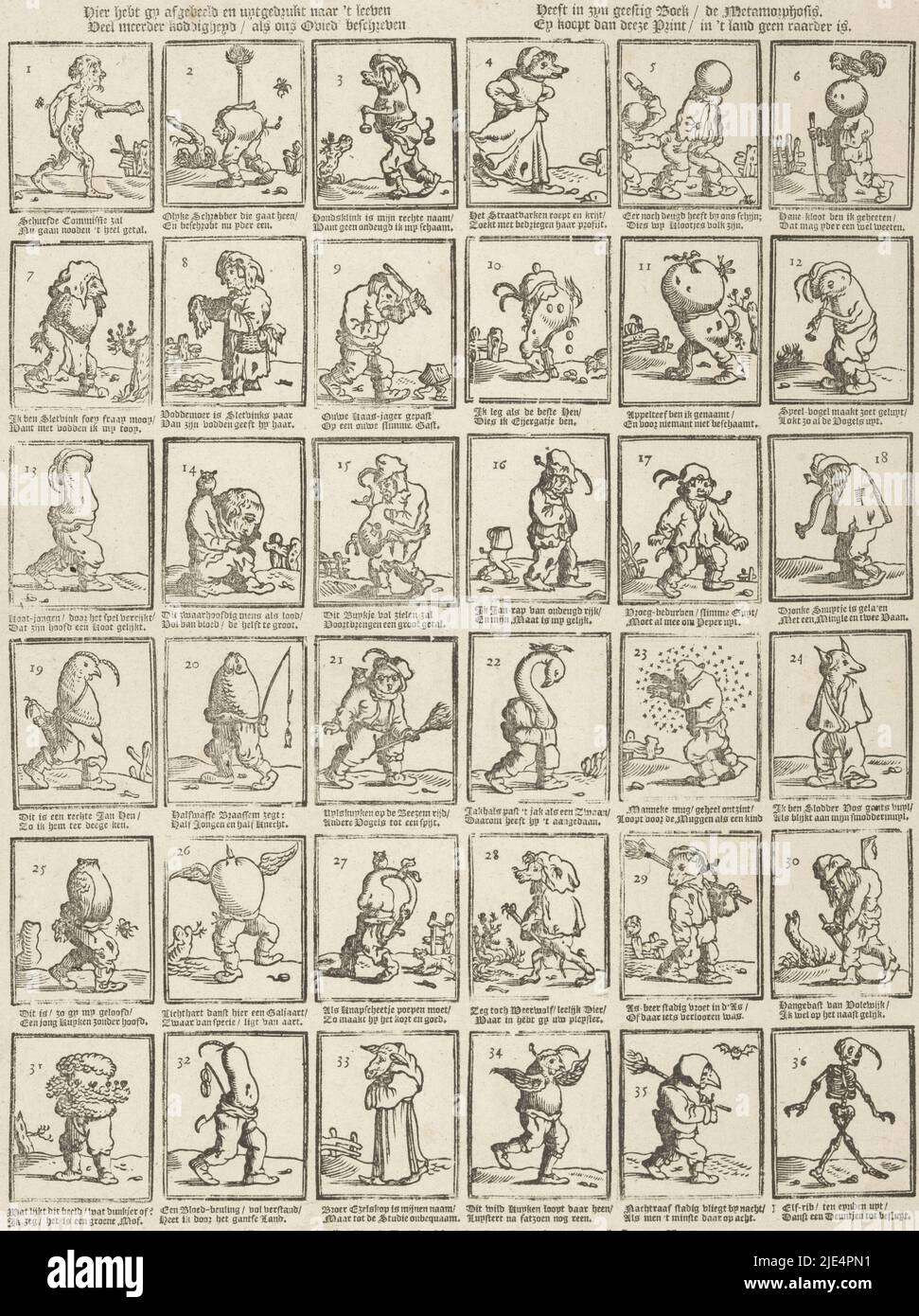 Sheet with 36 satirical representations of droll figures, Satirical ...