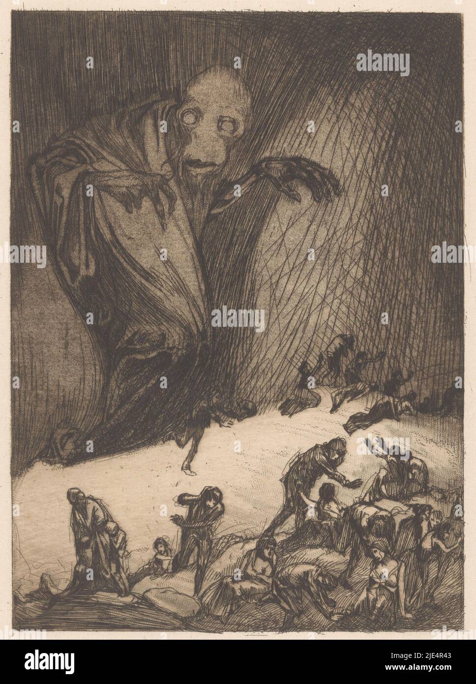 A monster with hollow eyes and dressed in a robe rises above a crowd of ...