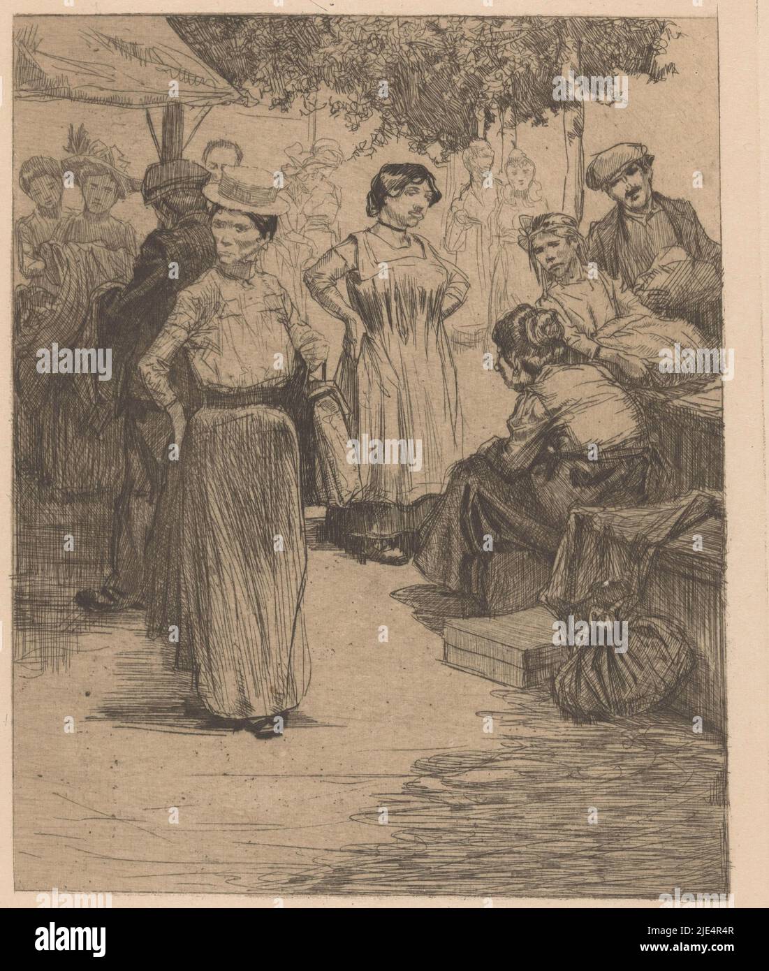 Above their heads the canvas of a market stall and the foliage of trees ...