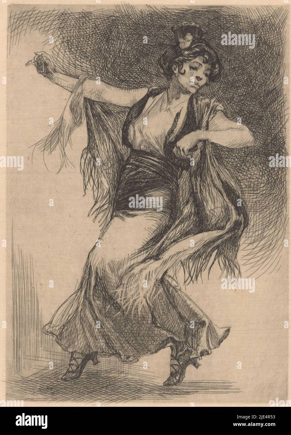 A dancing woman dressed in a dress and with her hair tucked up. She ...