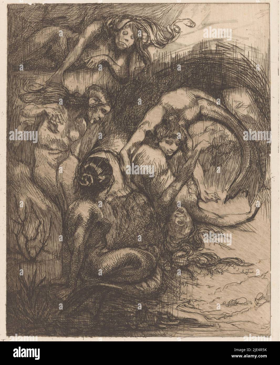 A group of five mermaids are underwater. In the foreground on the left ...