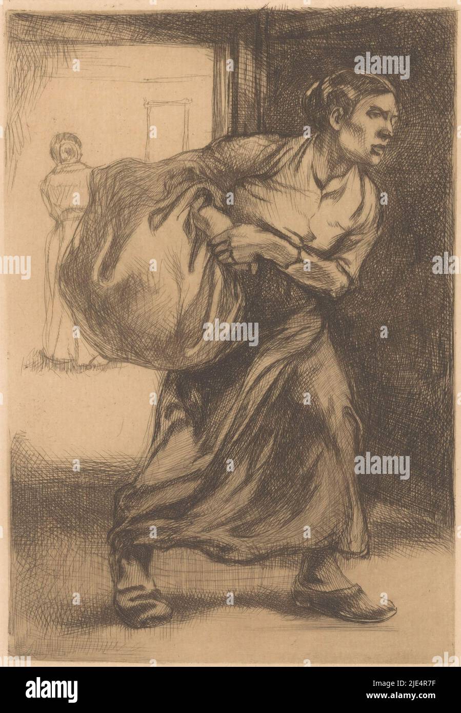 A woman in a skirt is wearing a sack with both arms. Behind her another ...