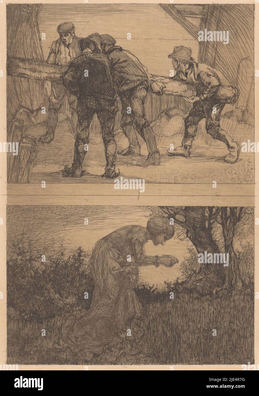 Sheet with two shows. Above four men carrying a pole. Beneath a ...